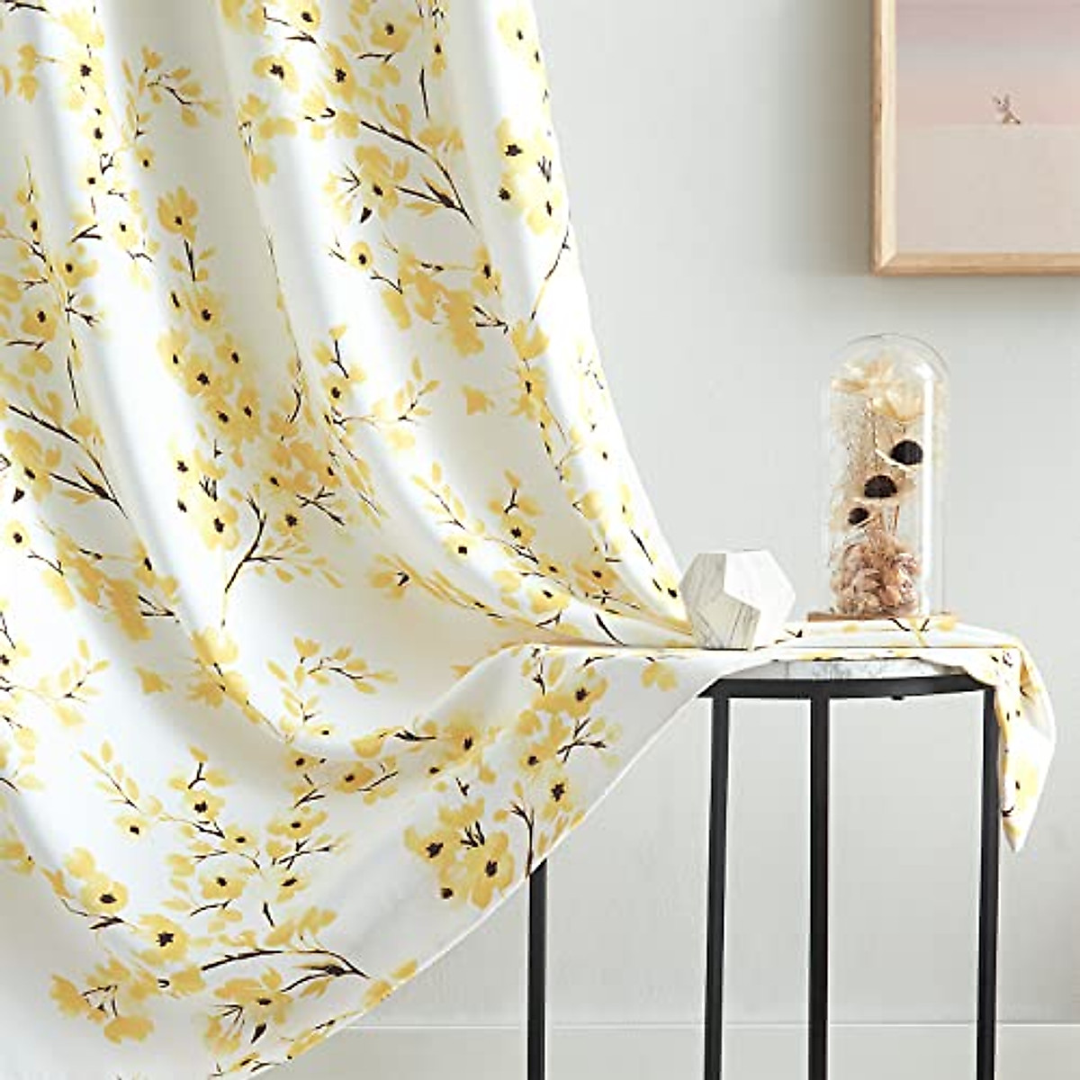 Melodieux Floral Curtains 84 Inches Long for Living Room, Farmhouse Yellow Apricot Flower Print White Decorative Grommet Drapes, 52x84 Inch, 2 Panels