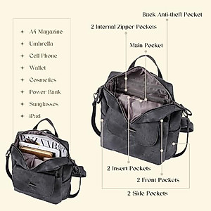 ROOSALANCE Backpack Purse for Women, Women Backpack Purse Small Leather Waterproof Anti-theft Shoulder Bags Handbags, Fashion Ladies Backpack for Daily Travel Work (Black Grey)