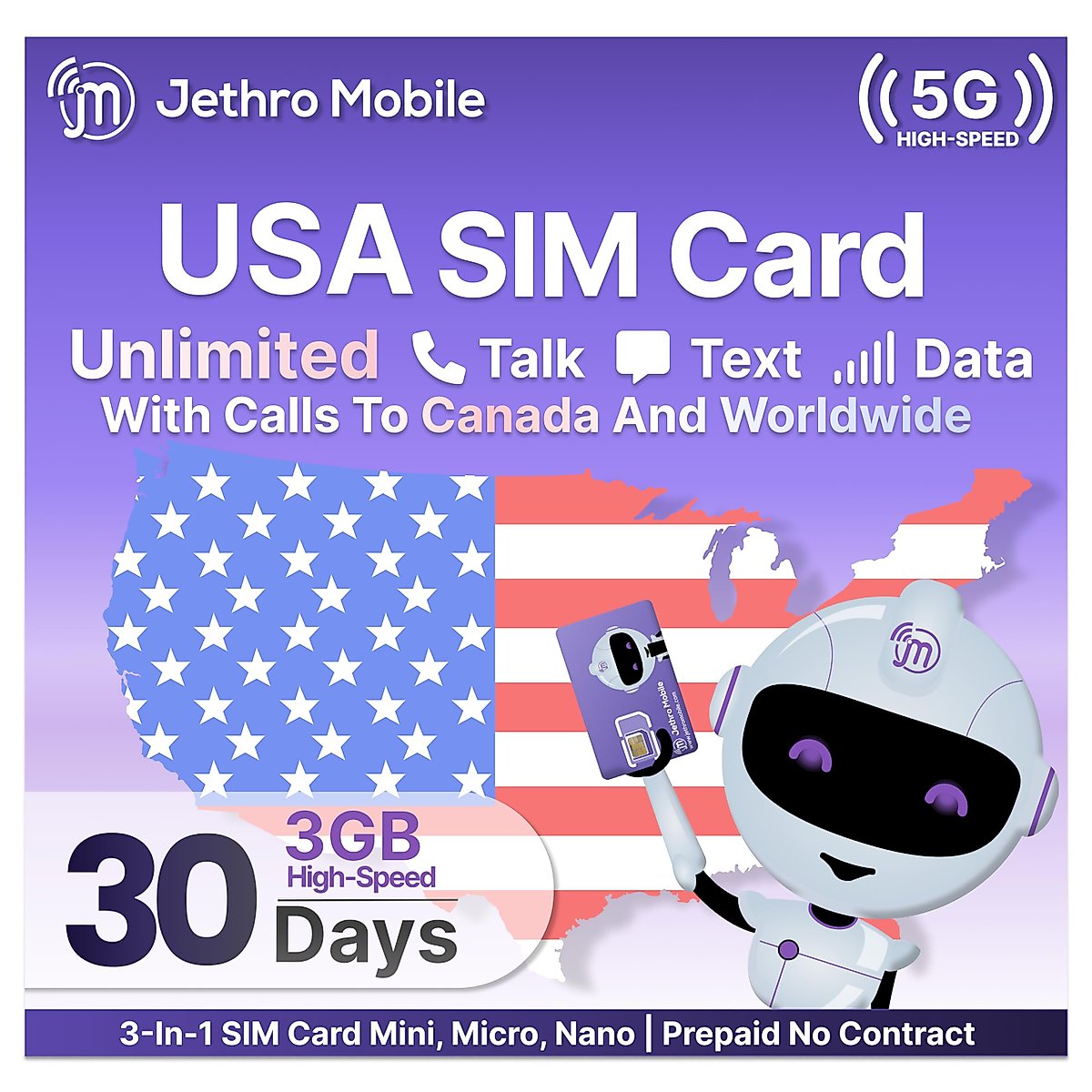Jethro Mobile Prepaid SIM Card | 3GB High-Speed Data | Unlimited Talk, Text & Data | No Contract | Simple Activation | USA Nationwide Coverage | 30 Days