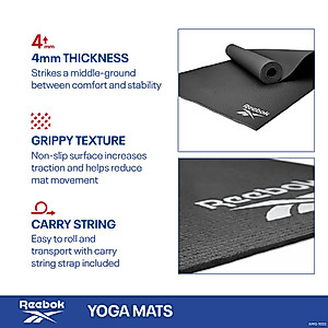 Reebok Yoga Mat - 4mm Thick Lightweight, Compact, Rollable, and Cushioned Supportive Workout Mat for Yoga, Pilates, and General Exercise & Fitness - Non Slip Yoga Mat with Grippy Texture - Black