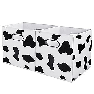 ANMINY 2PCS Storage Cubes Set Cow Print Large Cotton Linen Storage Bins Boxes Baskets with Handles PP Plastic Board Foldable Desktop Closet Shelf Organizer Container for Home Office - 11"x 11"x 11"