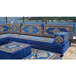 8'' Thickness L Shaped Royal Blue Sectional Sofas, Arabic Floor Sofa Set, Garden Pallet Sofa, Poufs Turkish Floor Sofa, Outdoor Sofa, Sofa Covers (L Sofa + Rug + Poufs)
