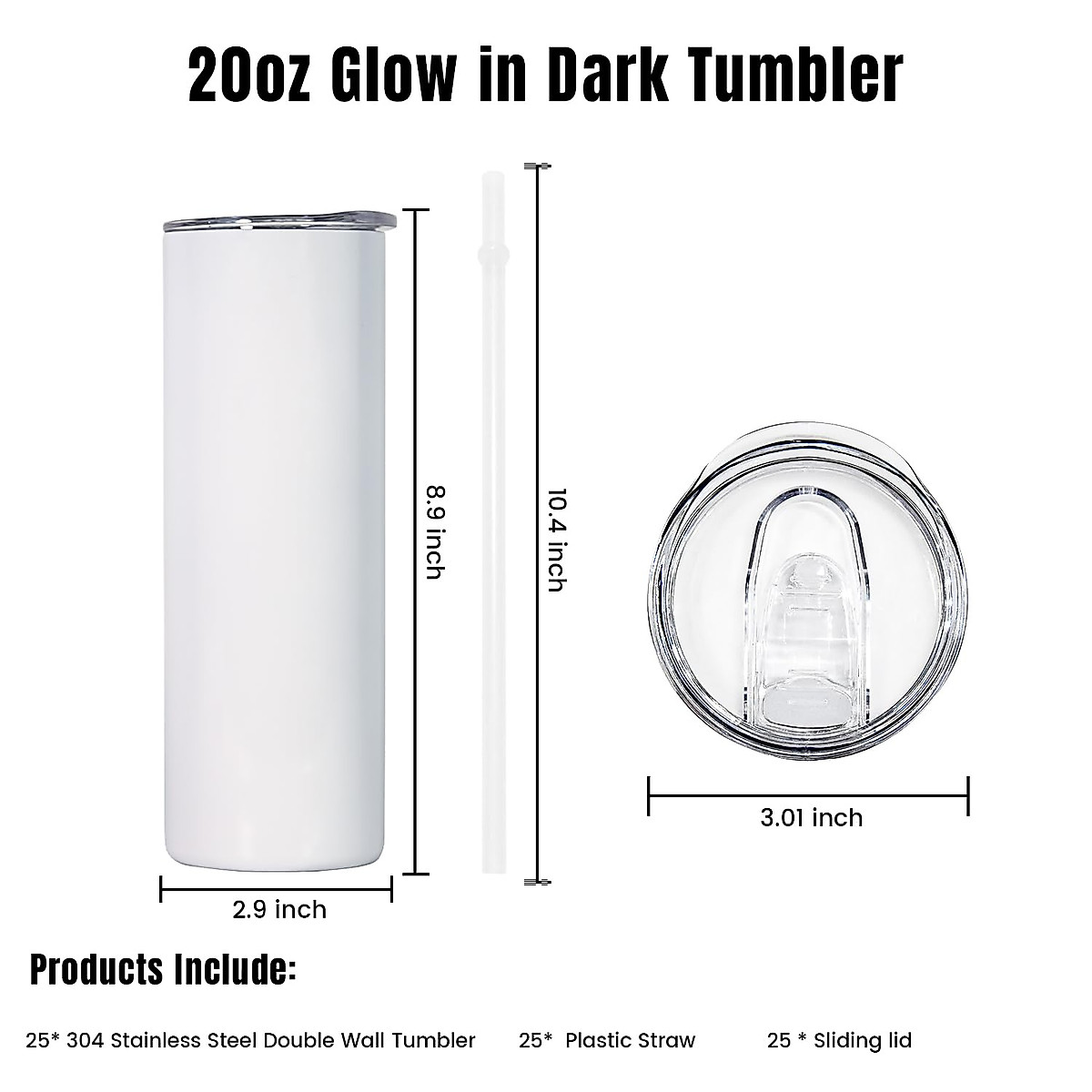 Icesip 25 Pack 20 Oz Glow In The Dark Sublimation Tumblers Stainless Steel Sublimation Tumbler Bulk Skinny Straight Bottom Cups with Lid and Straw, White To Blue