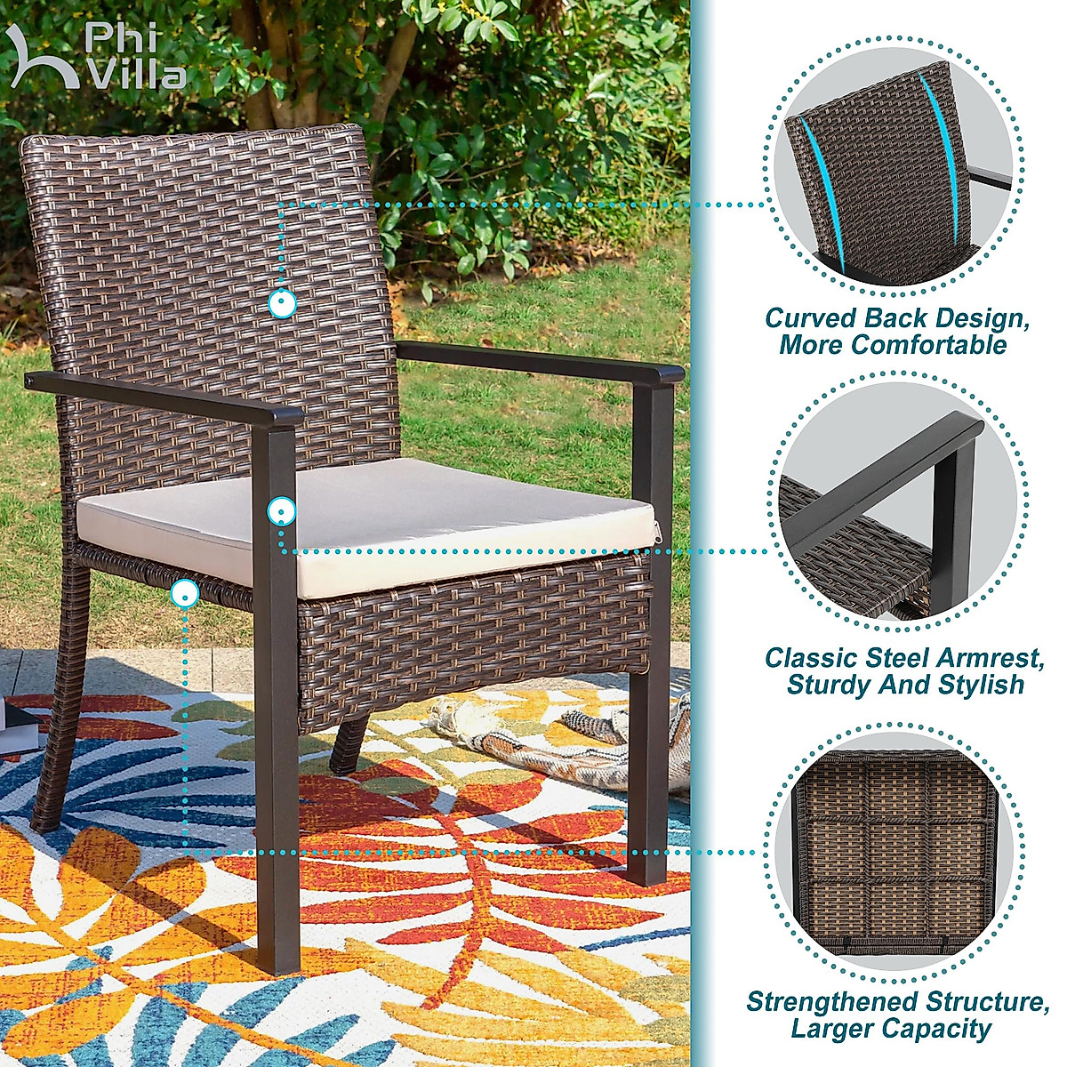 PHI VILLA 7 Pieces Patio Dining Set for 6, 65” Wood-Like Metal Steel Dining Table & Rattan Wicker Chairs with Cushions, Large Dining Furniture Set for Outdoor Deck, Yard, Porch