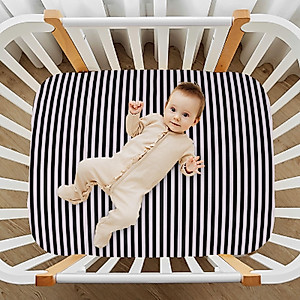 Kigai Black & White Stripe Crib Sheets for Boys Girls, Soft and Breathable Pack n Play Sheets, Portable Mini Stretchy Cribs Sheets, 39x27 Inch