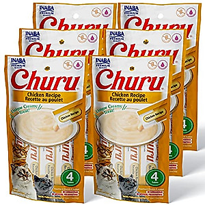 INABA Churu Cat Treats, Grain-Free, Lickable, Squeezable Creamy Purée Cat Treat/Topper with Vitamin E & Taurine, 0.5 Ounces Each Tube, 24 Tubes (4 per Pack), Chicken Recipe