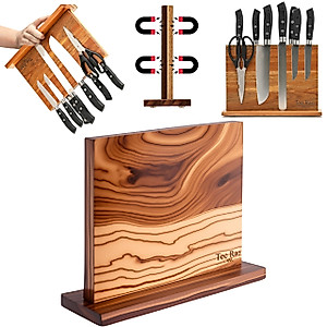 Premium Natural Acacia Wood Magnetic Knife Block Double Sided Magnetic Knife Holder Stand for Kitchen Counter Anti Slip Base Knife Block without Knives Knife Storage Universal Knife Block Knife Stand
