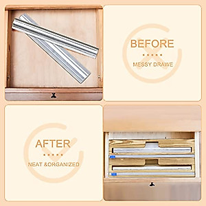 2 in 1 Wood Plastic Wrap Dispenser with Cutter, Foil Plastic Wrap Roll Organizer for Kitchen Drawer, Aluminum Foil, Wax Paper, Parchment, Saran Wrap Dispenser for Organization and Storage