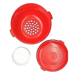 APSI Store Kernel Katcher Popcorn Bowl Set - Popcorn Bowl Strainer Sifter Shaker Kernel Catcher and Separator, Large and Reusable With Lid, Dishwasher Safe, Recycled Plastic with Handle (Red)