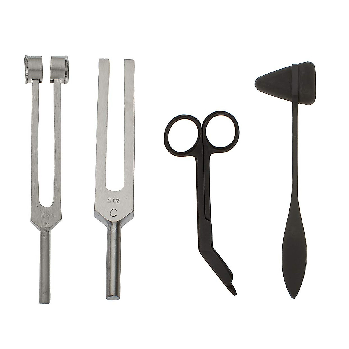 SURGICAL ONLINE Tactical Black - Set of 4 pcs Reflex Taylor Hammer Mallet Tuning Fork c 128 512 Hz Bandage Scissors 5.5"