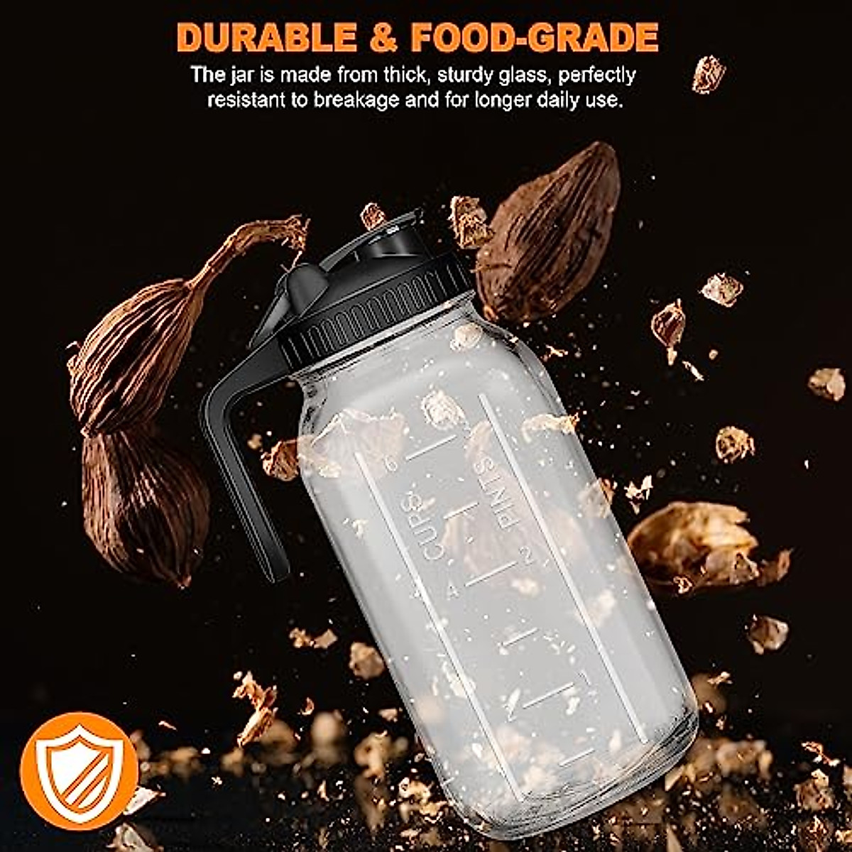 Nevfiro Mason Jar Pitcher with Pour Spout Handle Lid, 2Pack 32OZ Thick Glass Pitcher with Lid, Leak-proof Glass Pitcher Wide Mouth for Brew Coffee, Ice Beverage, Juice, Lemonade, Sun Tea, Fruit Drink