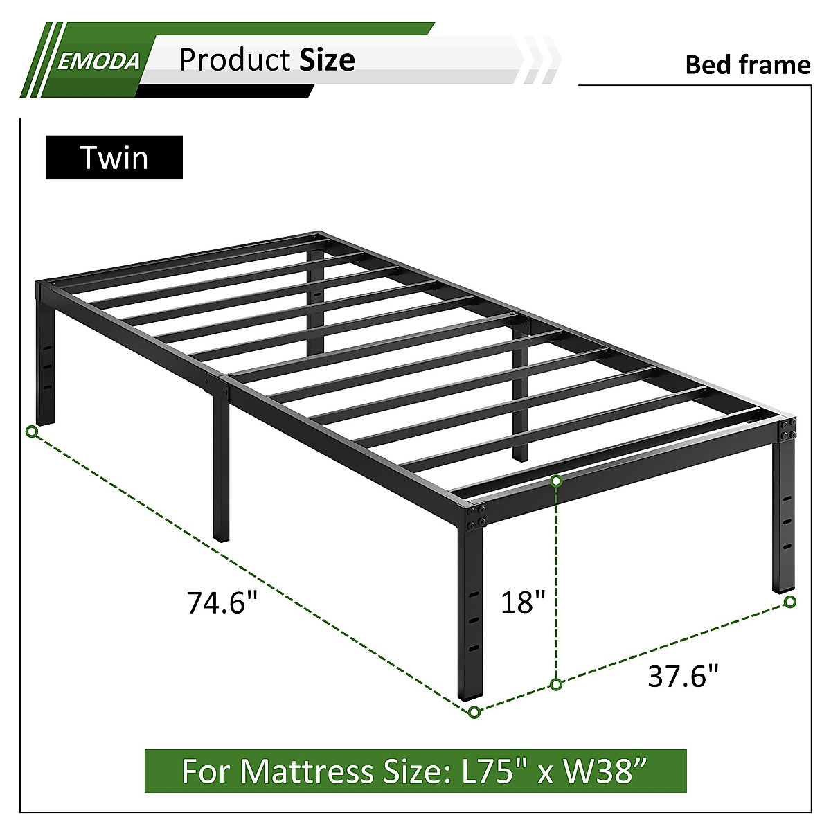 EMODA 18 Inch Twin Bed Frame No Box Spring Needed, Heavy Duty Tall Metal Twin Platform Bed Frames with Large Storage Space, Noise Free, Easy Assembly, Black