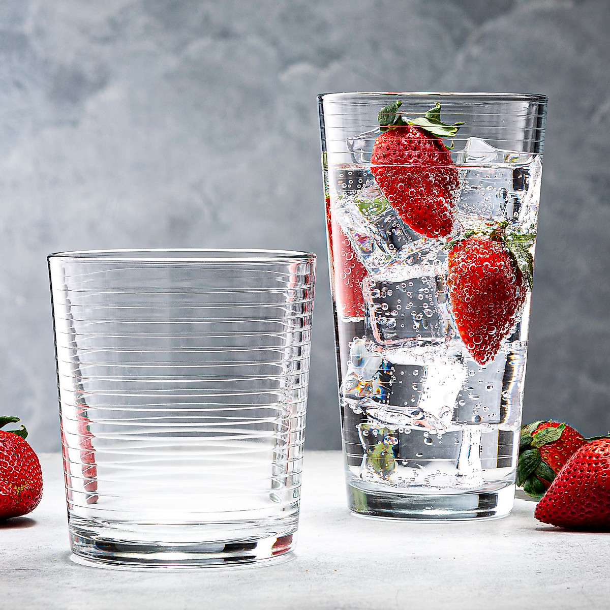 Le'raze Set of 8 Heavy Base Ribbed Durable Drinking Glasses Includes 4 Cooler Glasses (17oz) and 4 Rocks Glasses (13oz), Clear Glass Cups - Elegant Glassware Set