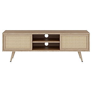 Theokleia TV Stand for 55 Inch TV, Mid Century Modern TV Stand Entertainment Center Rattan Media Console Table with Sliding Open Storage Cord Holes for Living Room Bedroom