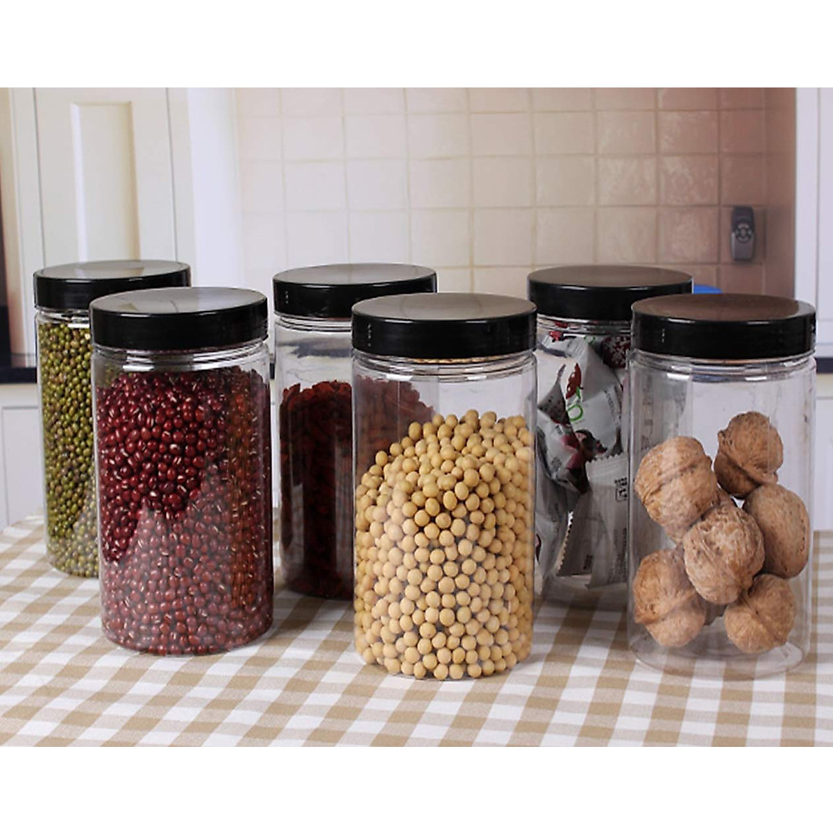 Lawei 8 Pack 34 oz Clear Plastic Jars with Black Lids - Plastic Food Storage Jars for Kitchen & Household Storage of Dry Goods, Nuts, Cookie and more