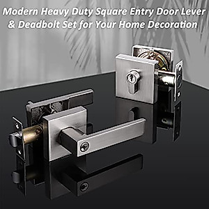 Keyed Entry Door Lever and Double Cylinder Deadbolt Set, Keyed Alike Reversible Lockset, Satin Nickel Square Interior/Exterior Handleset for Bedroom, Front Door 3 Pack