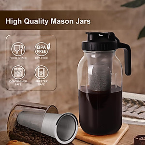 PNHYTUGY Cold Brew Coffee Maker - 64 Oz Heavy Duty Glass Mason Jar Pitcher with Stainless Steel Filter, Pour Spout Handle Lid, Leak - proof Design, Ideal for Iced Coffee and Tea - Black