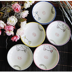 5pcs Ceramics Japanese Cat Seasoning Dishes Sushi Dipping Bowl Appetizer Plate Dessert Plate -3.5 Inch