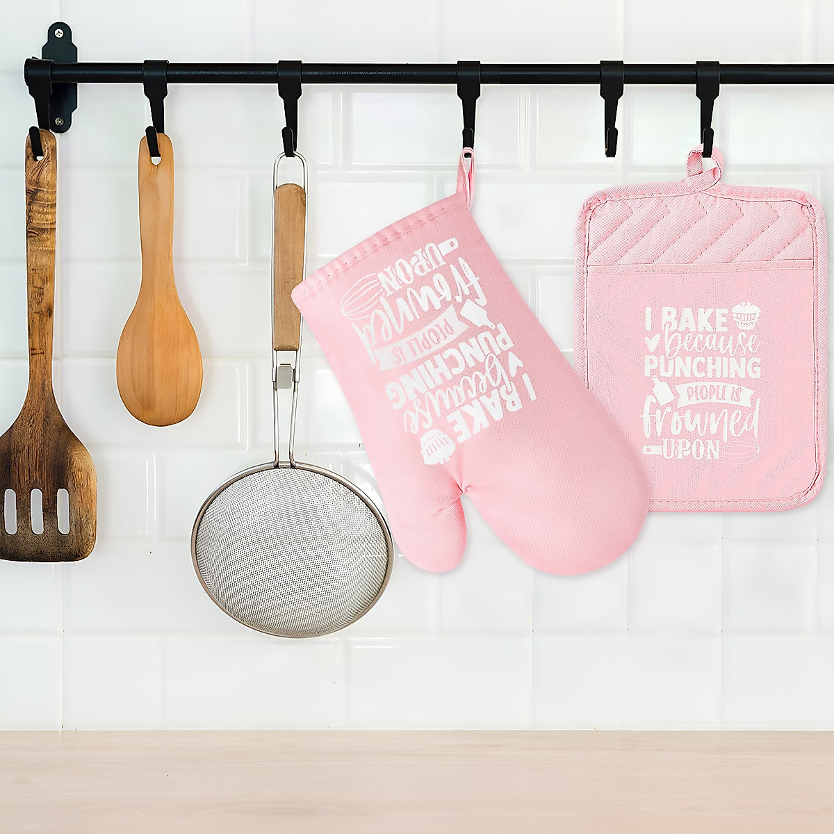 GROBRO7 6Pcs Cotton Oven Mitts Pot Holders Funny Women Resistant Hot Pads Machine Washable Microwave Gloves with Hanging Loop Pocket Potholder for Kitchen Baking Cooking GrillingPink