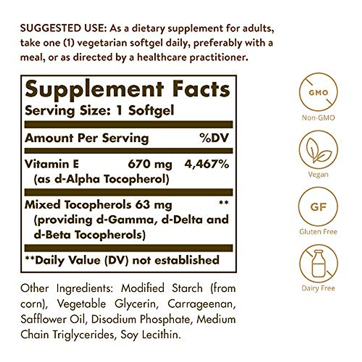 Solgar Vitamin E 670 mg (1000 IU), 100 Vegetarian Softgels - Natural Antioxidant, Skin & Immune System Support - Naturally-Sourced Vitamin E - Non-GMO, Vegan, Gluten Free, Dairy Free - 100 Servings