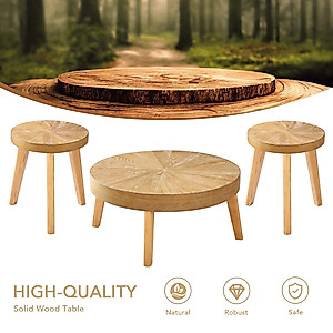 HOKYHOKY Farmhouse Round Coffee Table Set of 3, Boho Sofa Side Nesting Tables End Table Set with Wood Natural Finish for Living Room, Bedroom, Home Office,Natural