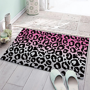 Door mat Floor Door Mats gy Carpet Black Leopard Animal Skin Texture,Non Slip Soft Bath Rug Pink Gradient Back,Fuzzy Area Cushion for Kitchen/Bedroom/Bathroom/Living Room 18x30in