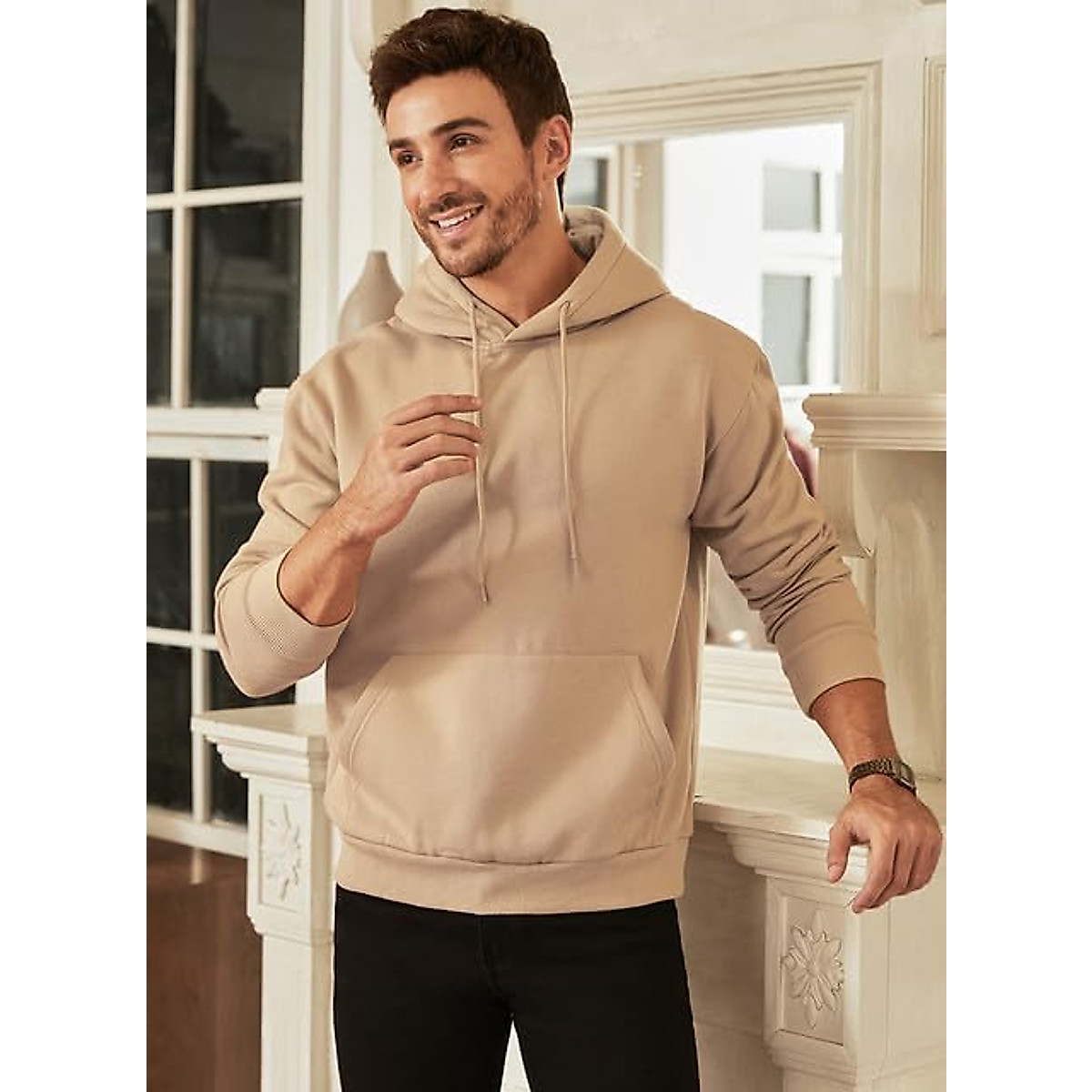 JMIERR Mens Lightweight Cotton Hoodies Winter Casual 1/4 Sweatshirts Loose Fit Drawstring Pullover Shrits, US40(M), A Khaki