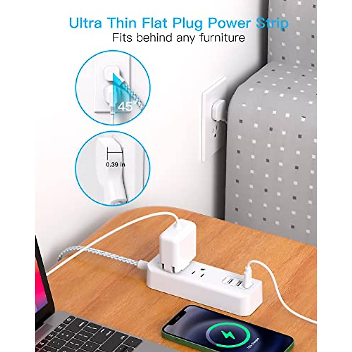Cruise Essentials, USB C Travel Power Strip, Flat Plug Power Strip with 2 Outlets 3 USB Ports (1 USB C), 5ft Extension Cord Charging Station, Non Surge Protector for Cruise Ship, Travel, Home