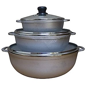 IMUSA USA Traditional Colombian Natural Caldero Glass Lid & Steam Vent 3-Piece (1.4/3.4/6.6) Quart, Silver (Dutch Oven Set)