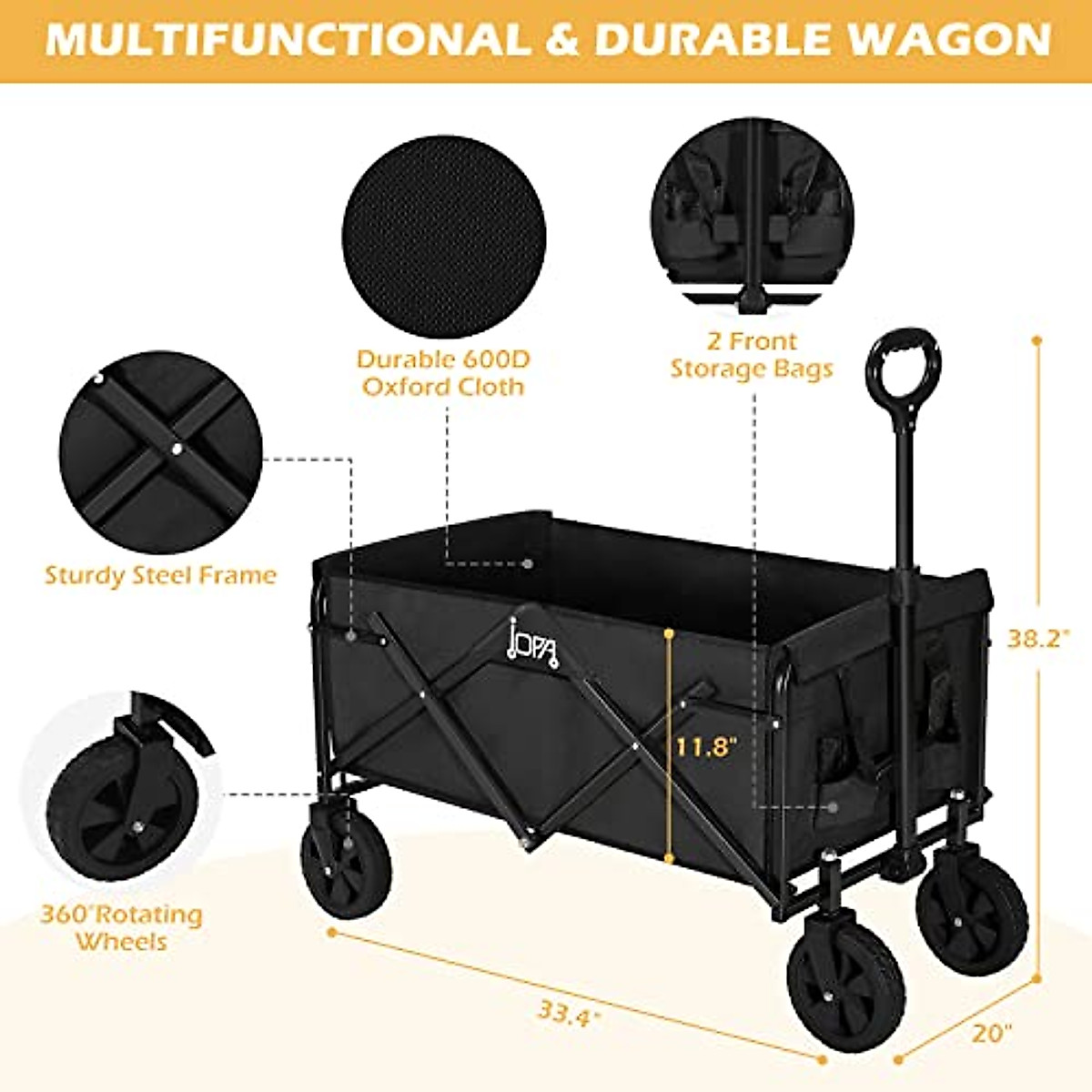 Heavy Duty Collapsible Wagon Foldable Garden Cart Utility Pull Push Beach Wagon for Sand with Wheels All Terrain Shopping Cart,Black