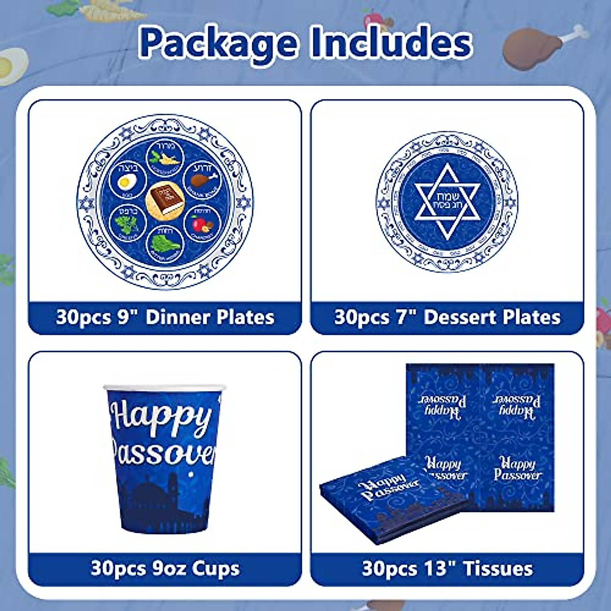 Passover Decorations, 135 PCS Passover Seder Plates Plus HAPPY PASSOVER Banner, Disposable Seder Plates for Passover Food, Renaissance Design Paper Passover Seder Dinnerware Set Serve for 30 Guests