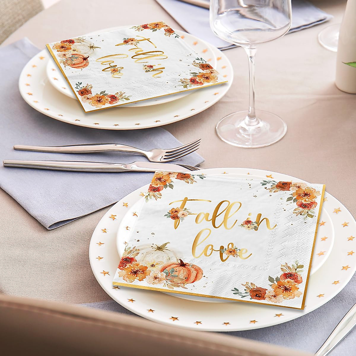 Fall in Love Bridal Shower Napkins Decorations,40Pcs Fall Floral Wedding Engagement Party Decorations Set Orange Fall in Love Napkins for Autumn Thanksgiving Party Disposable Supplies