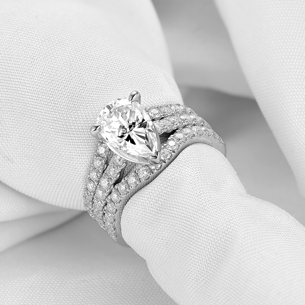 DovEggs Center 4ct 7x11mm G-H-I Color Pear Shaped Moissanite Hidden Halo Engagement Ring Curved Enhancer Guard Wedding Band Bridal Set with accents 14K Gold QUALITY Silver Engagement Ring for Women,