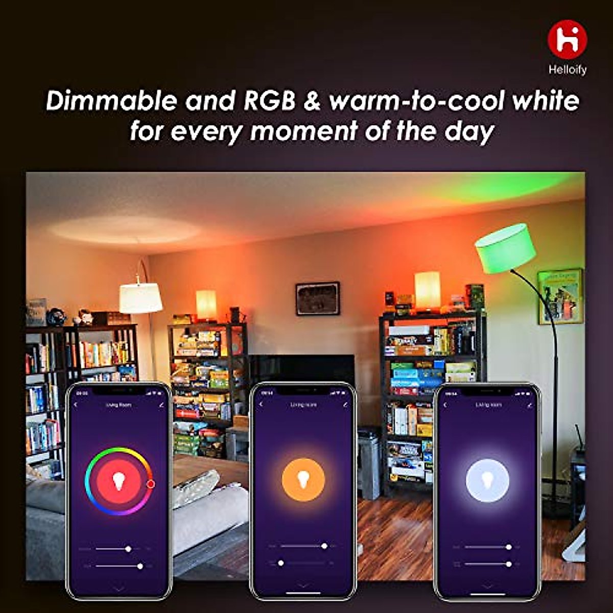 Helloify A19 Smart WiFi LED Light Bulbs, RGBCW Multi-Color Changing, Warm to Cool White Dimmable, Work with Alexa & Google Home (No Hub), 60W Equivalent E26, RGB+2700K-6500K, 2 Count