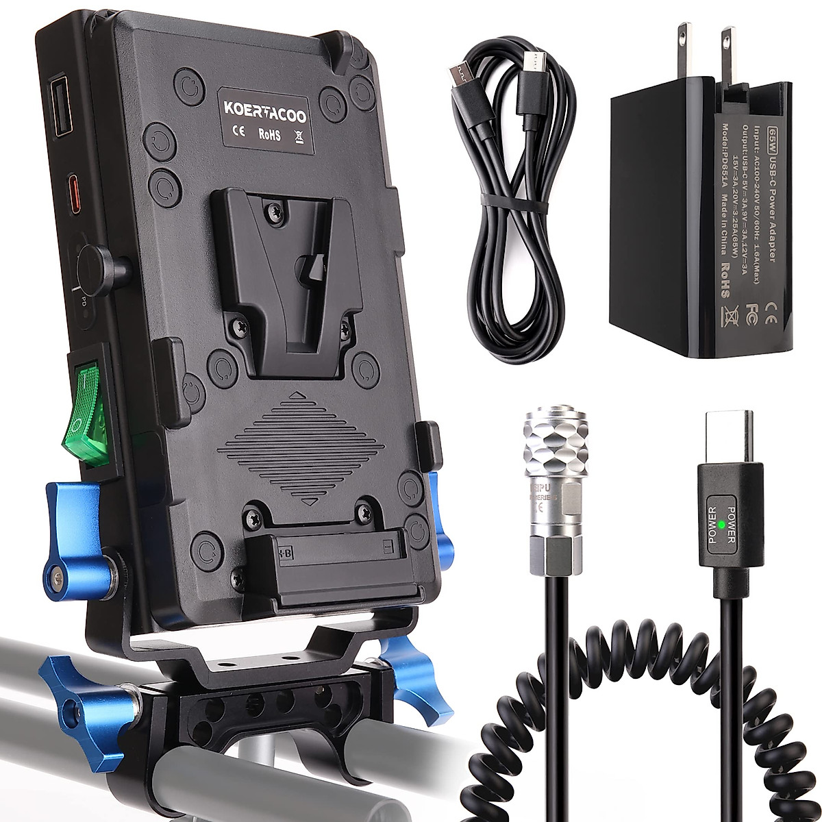 KOERTACOO V-Mount Lock Battery Plate Power Supply Splitter Adapter with V Mount Battery Charging Function + BMPCC 4K/6K USB-C PD Coiled Power Cable for Black Magic Pocket Cinema Camera.