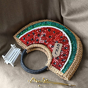 Semi-circle Rattan Straw Handbags, Hand-woven Summer Watermelon Beach Straw Bag with Sequin for Women