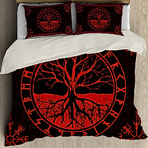 WDBAYXH Nordic Tree of Life 3 Piece Bedding Set, Viking 3D Print Duvet Cover with Pillowcases, Scandinavian Folklore Motifs Bedroom Home Textiles,Red,Queen