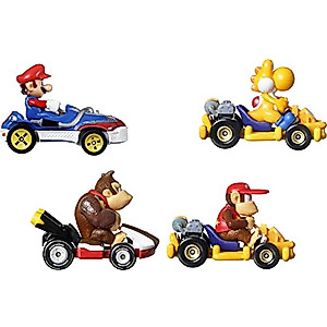 Hot Wheels Mario Kart Vehicle 4-Pack, Set of 4 Fan-Favorite Characters Includes 1 Exclusive Model, Collectible Gift for Kids & Fans Ages 3 Years Old & Up
