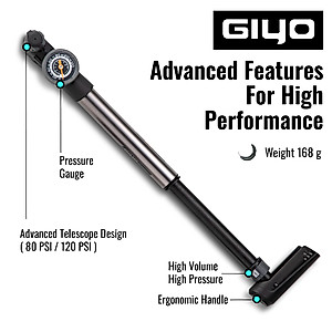 GIYO Mini Bike Pump with Gauge 2 Stage HP/HV 120 PSI Schrader & Presta Bike Tire Pump | Easy Inflation for Road & MTB | Frame Mount Included | Taiwan Made (GP-993)