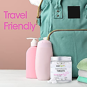 Ecofam Kids Toothpaste Chewable Tablets - 90 Natural Xylitol Tabs - Zero Waste Glass Jar - Travel Friendly - Fluoride-Free -with Nano Hydroxyapatite -Vegan - Made in The USA (Bubble Gum)