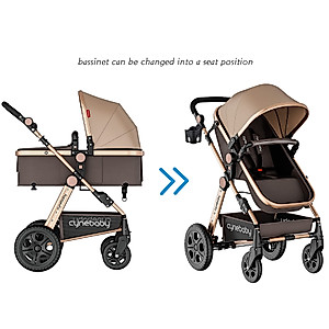 Newborn&Infant&Toddler Foldable All-Terrain High Landscape Baby Stroller Aluminum Alloy 2 in 1 Convertible Reversible Bassinet Pram,Convertible with Detachable Foot Cover and Tray