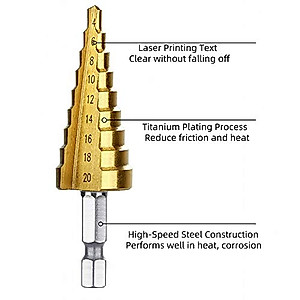 NACHEE 3Pcs Metric Titanium Coated Step Drill Bit Set, HSS Cone Drill Bit with 1/4" Hex Shank Drive Quick Change（3-12 mm 4-12 mm 4-20 mm）for DIY Woodworking, Plastic Wood