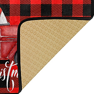 Christmas Tree Red Truck Kitchen Rugs Buffalo Check Plaid Winter Bath Rug Indoor Outdoor Doormat Runner Comfort Mat Non-Slip Carpet for Bathroom 39" X 20"