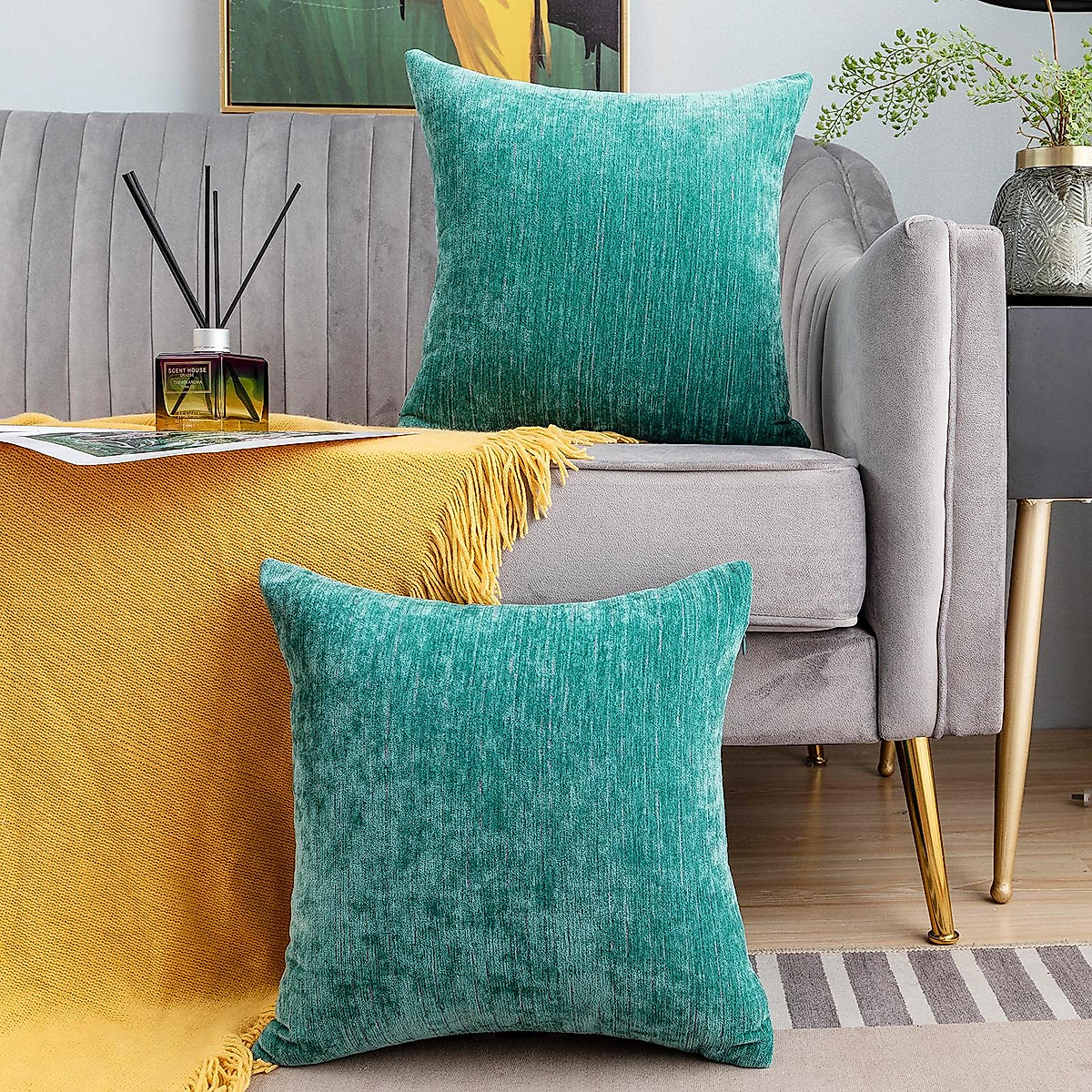 Lipo Thick Chenille Pillow Covers 18x18- Set of 2 Decorative Euro Throw Pillows Cover, Soft Cushion Case, Home Decor Rustic Farmhouse for Couch, Bed, Sofa, Bedroom, Car (Turquoise, 18X18 Inch)