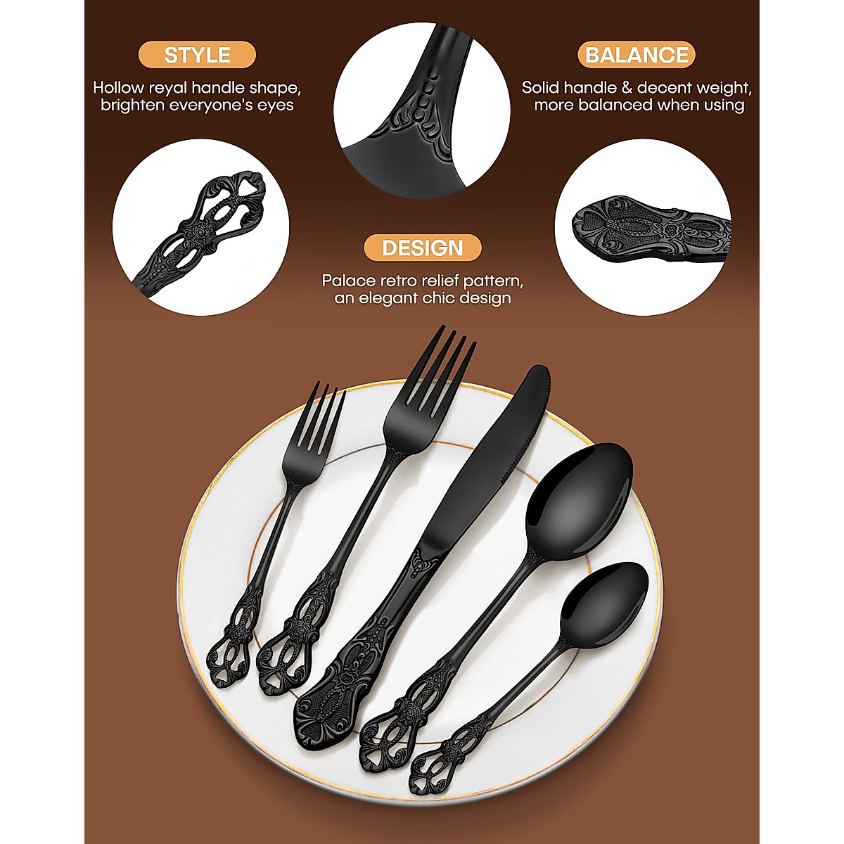 EUIRIO 40 Pieces Royal Silverware Set Black, Retro Flatware Set for 8, Stainless Steel Cutlery Set with Luxury Forks Spoons and Knives, Utensils Set Mirror Polished, Dishwasher Safe