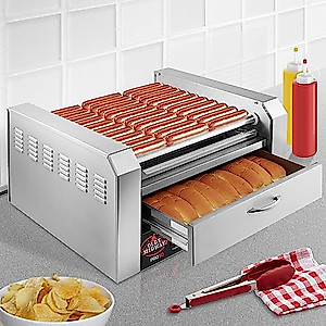 Olde Midway Electric 30 Hot Dog 11 Roller Grill Cooker Machine with Bun Warming Drawer - Commercial Grade, Stainless Steel