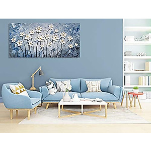 YHSKY ARTS Floral Canvas Wall Art Hand Painted Blue and White Heavy Textured Painting Modern Abstract Flower Pictures Contemporary Artwork for Living Room Bedroom Office Decoration