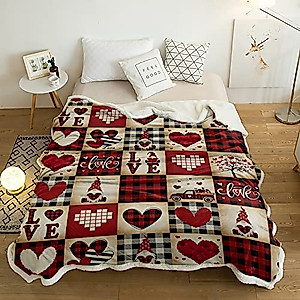 Sherpa Throw Blanket Red Buffalo Plaid,Soft Cozy Blankets Love Gnome Mother's Day,Romantic Thick Reversible Fleece Flannel Plush Microfiber Throws for Couch Bed Sofa Wedding