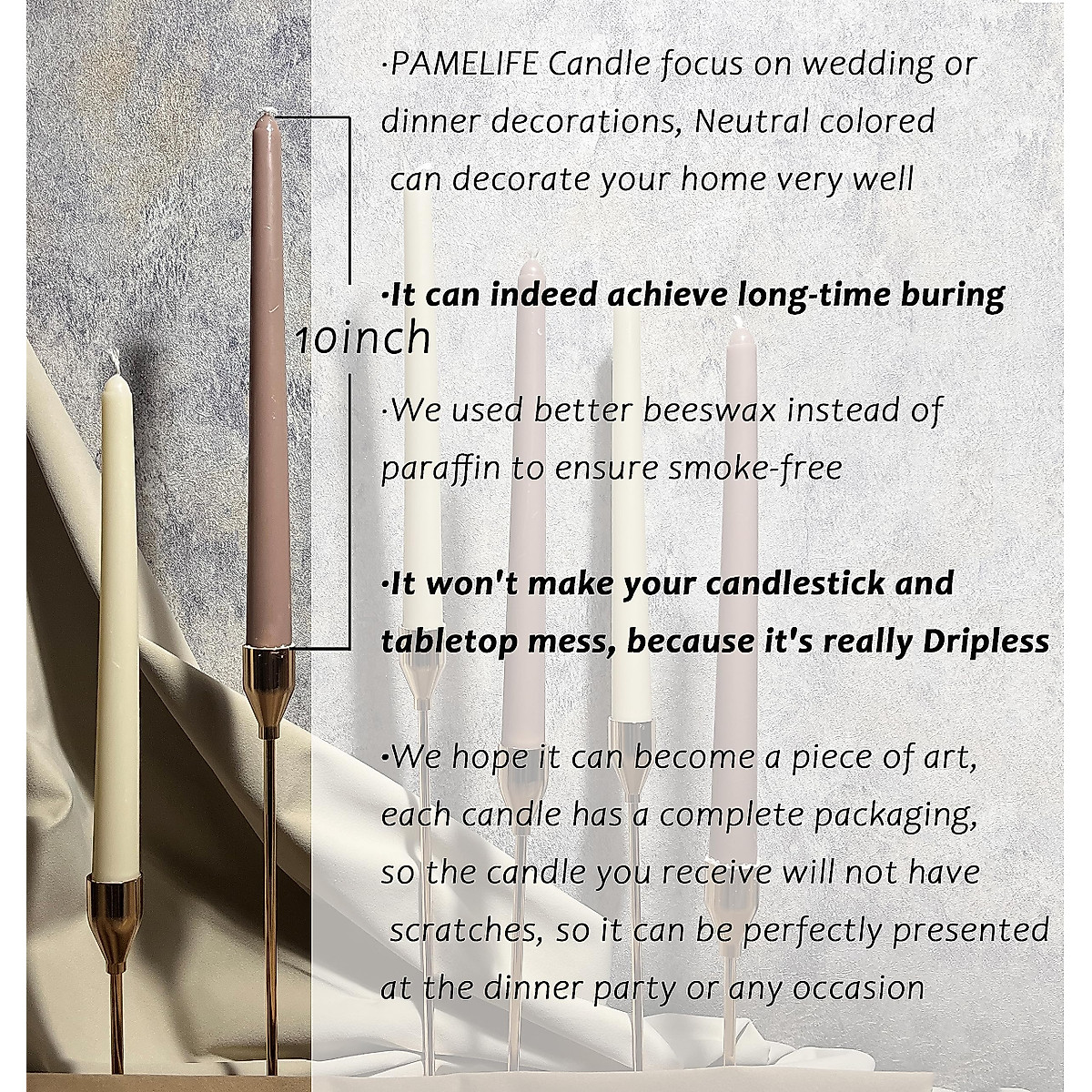 6 Pack Gradient Color Taper Candles - 10 Inch Dripless, Unscented Decoration Candle - Paraffin Wax with Cotton Wicks-Hour Burn Time (Taper Brown)