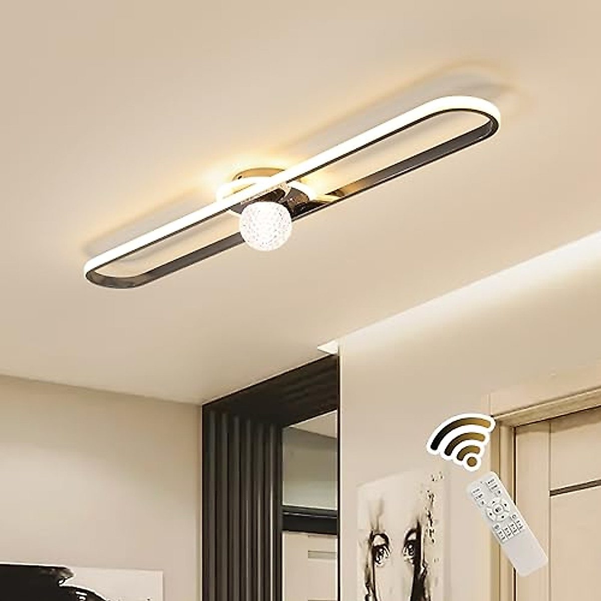 Qcyuui Kitchen Lighting Fixtures Modern LED Ceiling Light with Remote,Dimmable Acrylic Linear Ceiling Lamp for Hallway Dining Room Closet 39.4in Semi Flush Mount Wraparound Shape(48W/Crystal Ball)